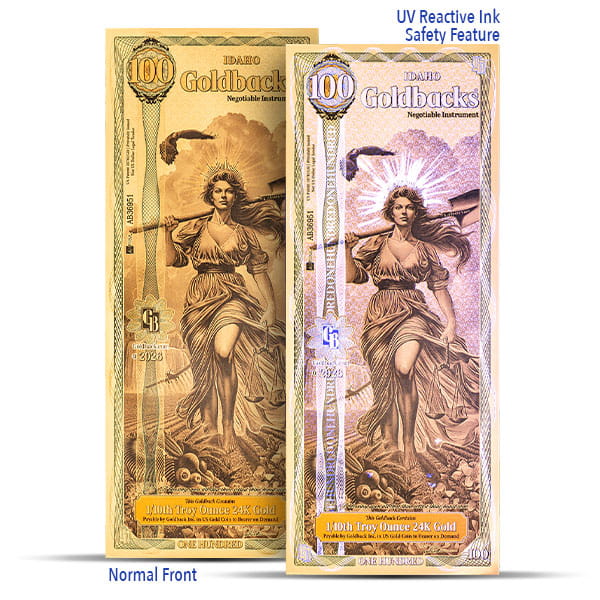 100 Idaho Goldback - Libertas, 1/10th Troy Oz .9999 Gold-Backed Bill