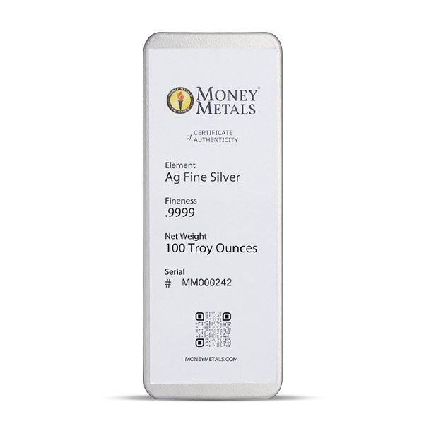 Money Metals 100 Ounce Cast Silver Bar (Sandblasted Finish) - .9999 Pure