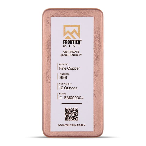 Frontier Mint COPPER Bar - 10 AVDP OZ, .999 Pure