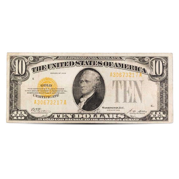 $10 U.S. Gold Certificate Note (Very Fine), 1928