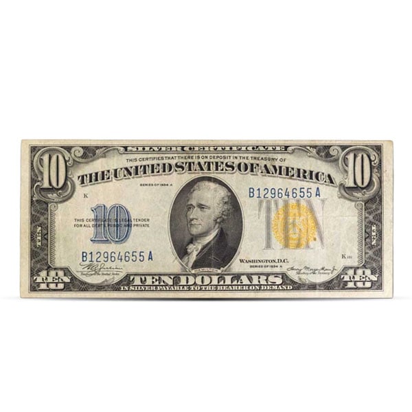 $10 U.S. Yellow Seal Silver Certificate Note - Very Good to Very Fine ...