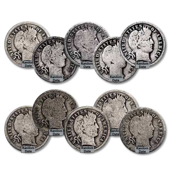 G-VG $1 FV Silver Barber Dimes - 10-Coin Set (Ten Different Dates/Mint ...