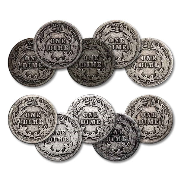 G-VG $1 FV Silver Barber Dimes - 10-Coin Set (Ten Different Dates/Mint ...