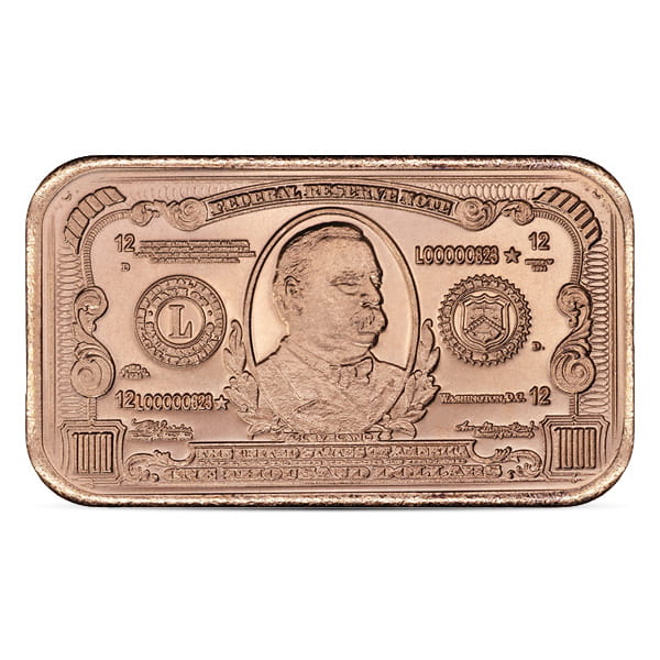 Copper BAR - $1000 Banknote Design, 1 AVDP Oz, .999 Pure Copper