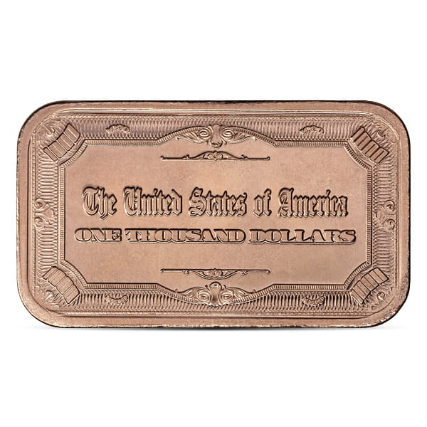 Copper BAR - $1000 Banknote Design, 1 AVDP Oz, .999 Pure Copper