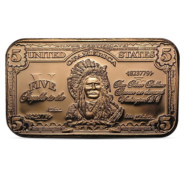 Copper BAR - $5 Banknote Design, 1 AVDP Oz, .999 Pure Copper