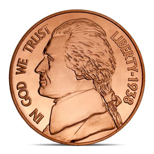 Copper Jefferson Nickel - 1 AVDP Oz, .999 Pure Round