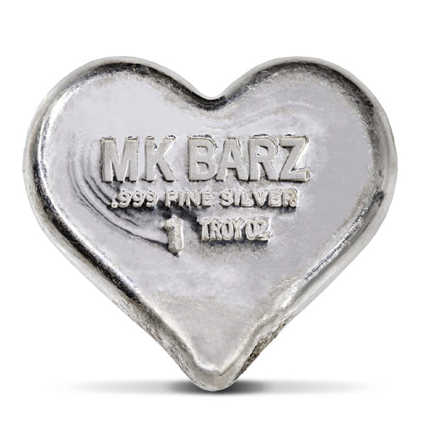 MK BarZ High Shine Heart 3D Hand Poured Silver Bar, 1 Troy Oz, .999 Pure