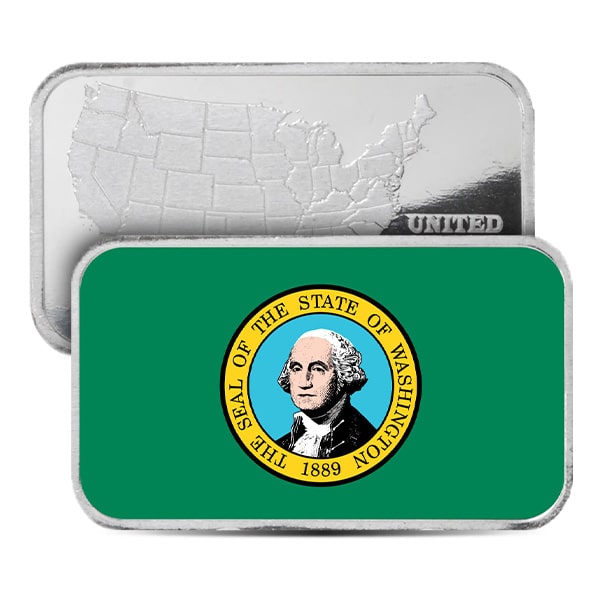 Washington State Flag Silver Bar (Colorized) - 1 Troy Ounce, .999 Pure