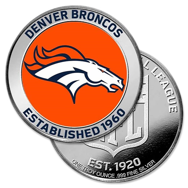 Broncos 1 Oz Colorized NFL Silver Round in Capsule w/ Box - .999 Pure