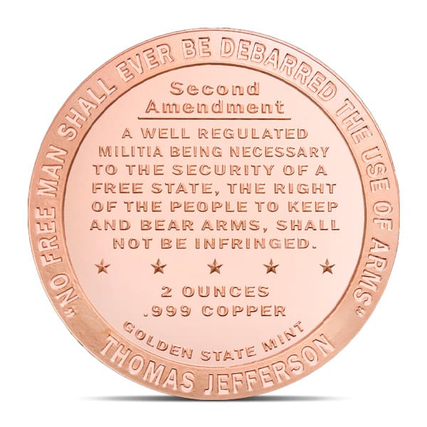 Copper Right to Bear Arms 2nd Amendment Round - 2 AVDP Oz, .999 Pure Copper