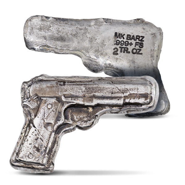 MK BarZ 9mm Combat 3D Hand Poured Silver Bar, 2 Troy Oz, .999 Pure