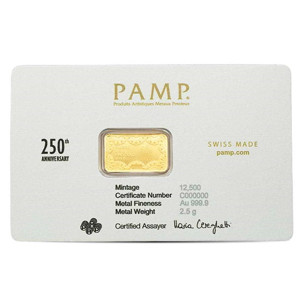 PAMP Suisse USA 250th Anniversary Gold Bar, 2.5 Grams, .9999 Pure