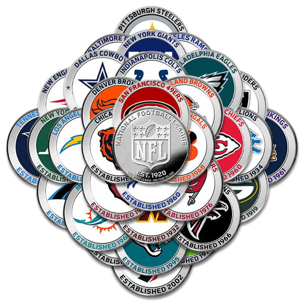 All 32 NFL Teams Silver Round Set (Colorized) - 32 x 1 Troy Ounce, .999 ...