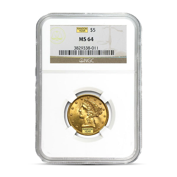 MS64 Graded $5 Liberty U.S. Gold Coin (PCGS / NGC) - Random Dates