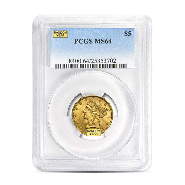 MS64 Graded $5 Liberty U.S. Gold Coin (PCGS / NGC) - Random Dates
