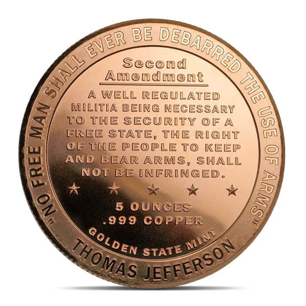 Copper Right to Bear Arms / 2nd Amendment Round - 5 AVDP Oz, .999 Pure