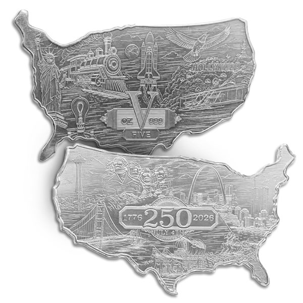 USA 250th Anniversary Shaped Silver Bar - 5 Ounce .999 Pure