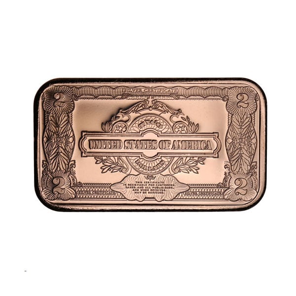 Copper BAR - $2 Banknote, 1 AVDP Oz, .999 Pure Copper