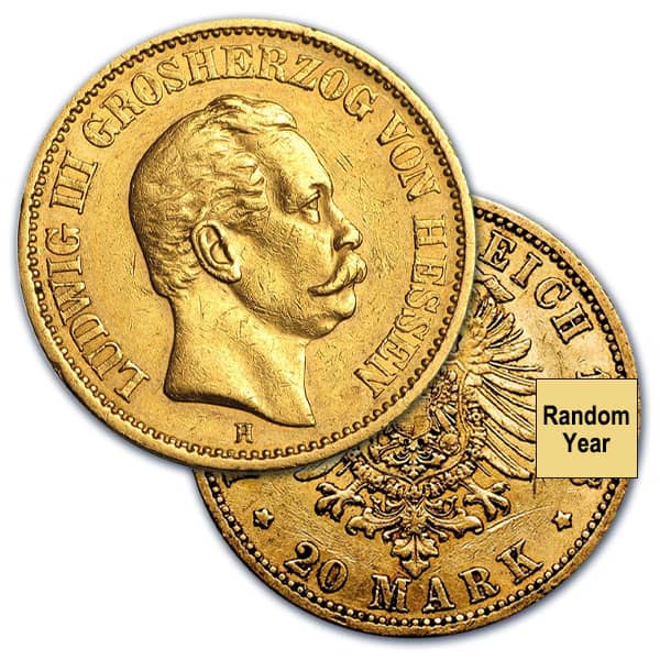 German 20 Mark Gold, .2304 Ounce Gold Coin (Design Our Choice)