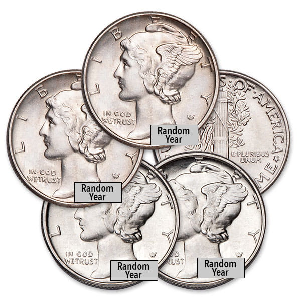 Mercury Dimes 5-Coin Set, No Duplicate Dates / Mint Marks (Brilliant ...